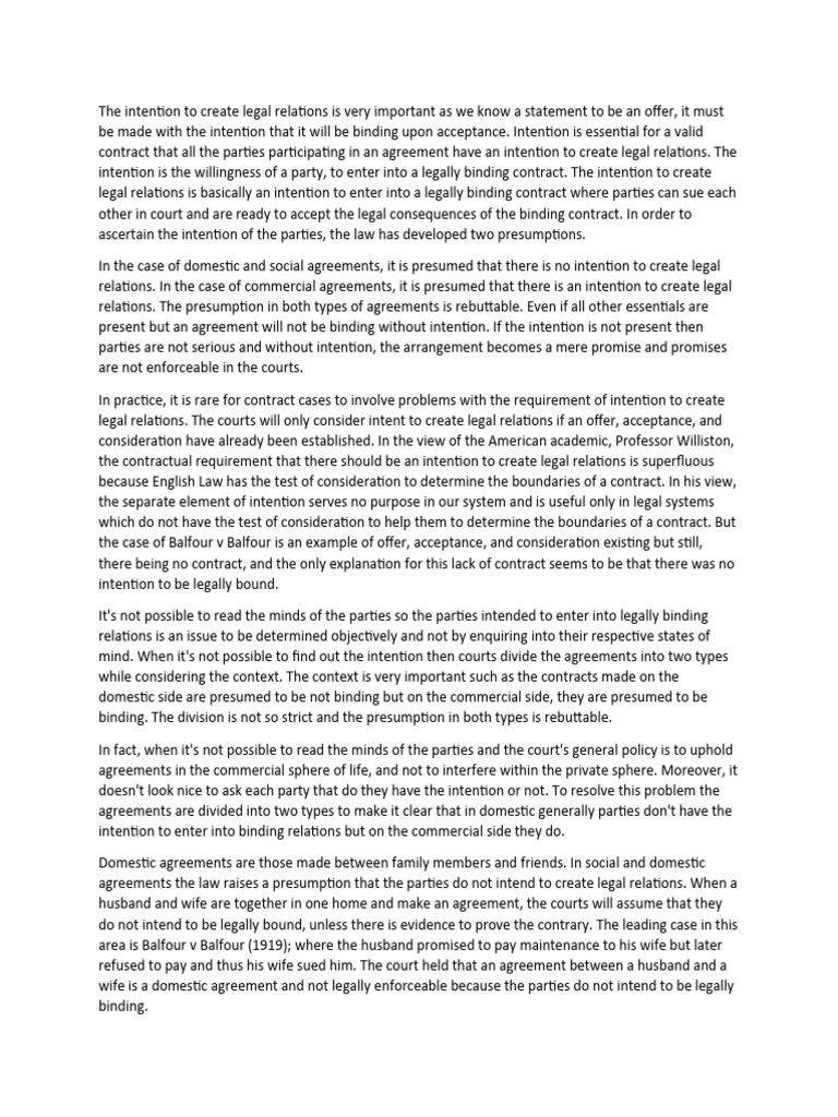 Intention To Create Legal Relation | PDF | Legal Concepts | Contract Law