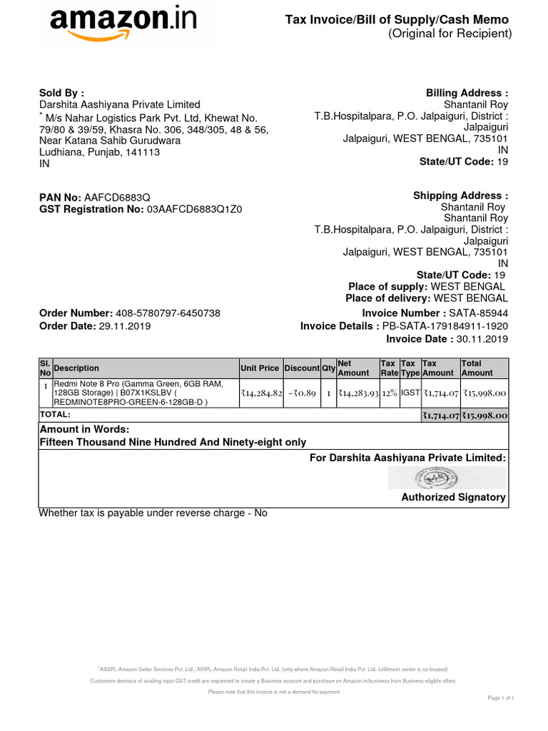 Redmi Note 8 Pro Invoice | PDF | Invoice | Money