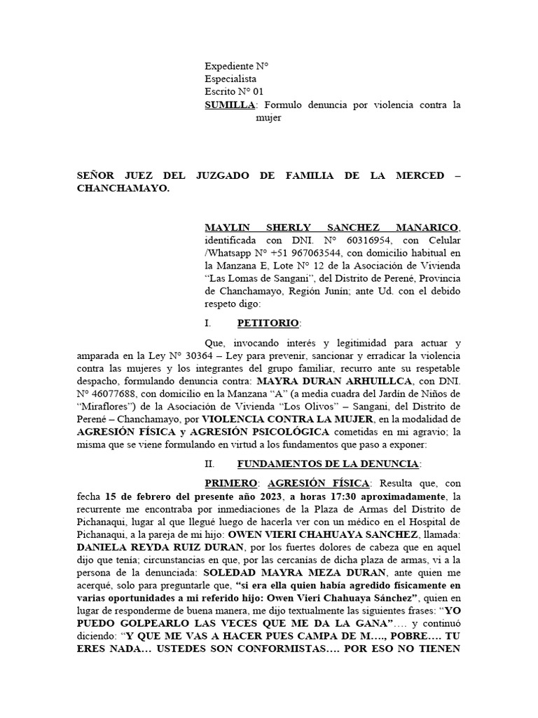 Denuncia Por Violencia Contra La Mujer | PDF | La violencia contra las mujeres | Crímenes