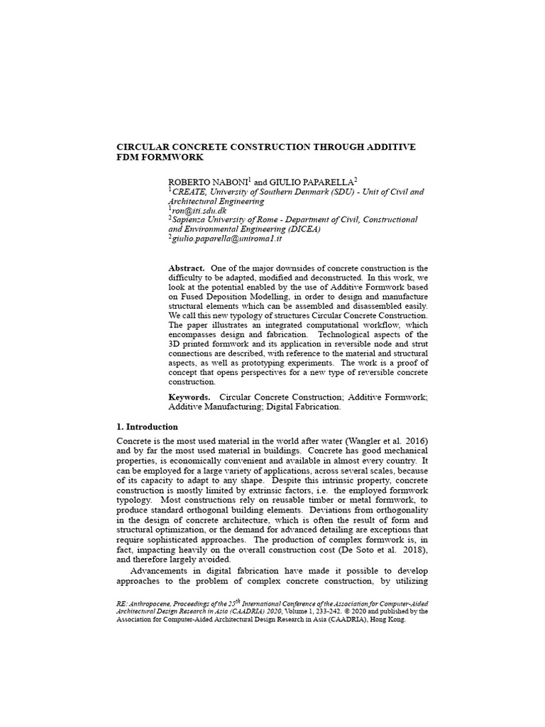 Circular Concrete Construction Through Additive FDM Formwork | PDF | Concrete | 3 D Printing