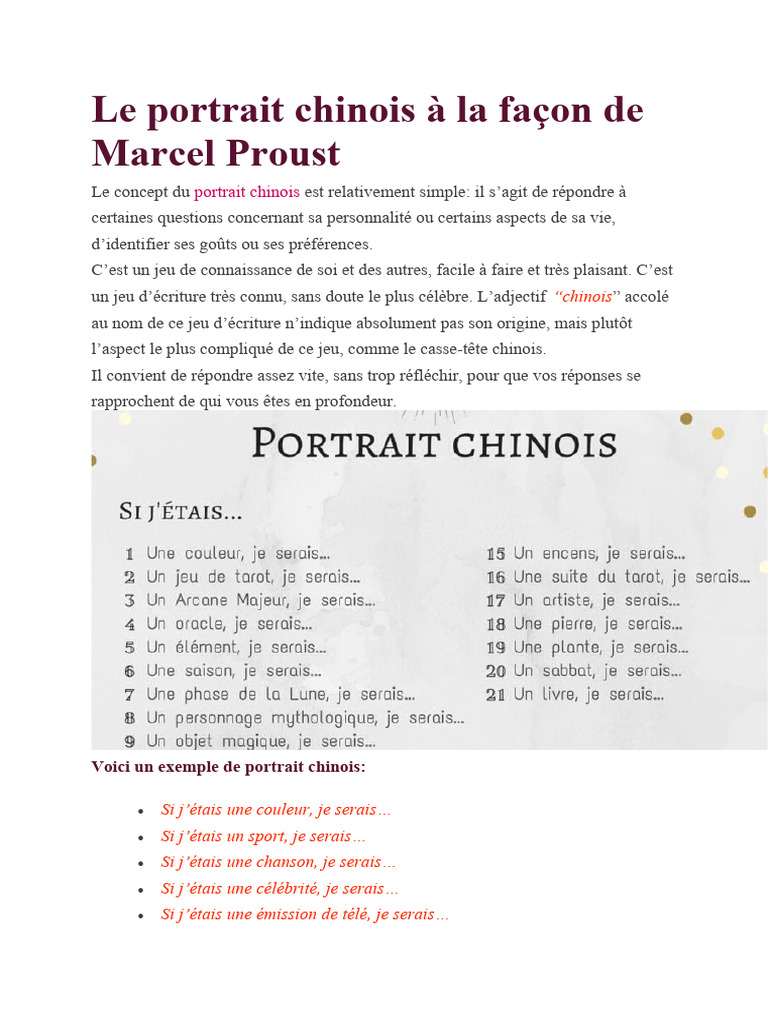 Portrait chinois à la manière de Proust | PDF