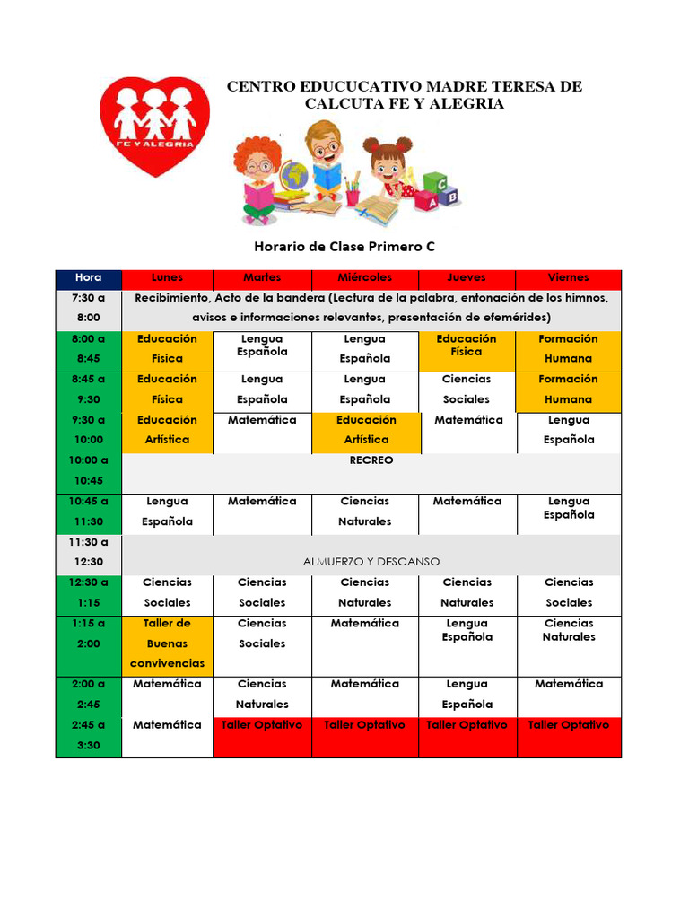 Horario de Clase Primero C | PDF