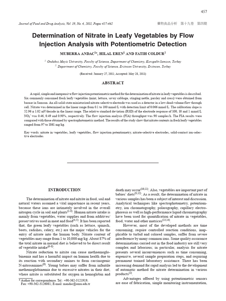 Determination of Nitrate in Leafy Vegetables by Flow Injection Analysis ...