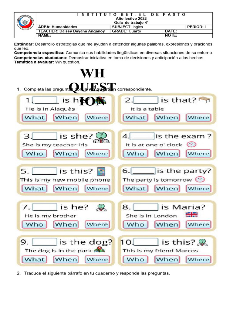 Ejercicios de Wh Questions para 4° Primaria | PDF | Artes del Lenguaje ...