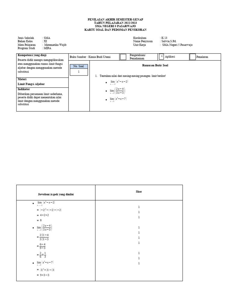 Kartu Soalpas Xi Genap 2023, Wajib | PDF