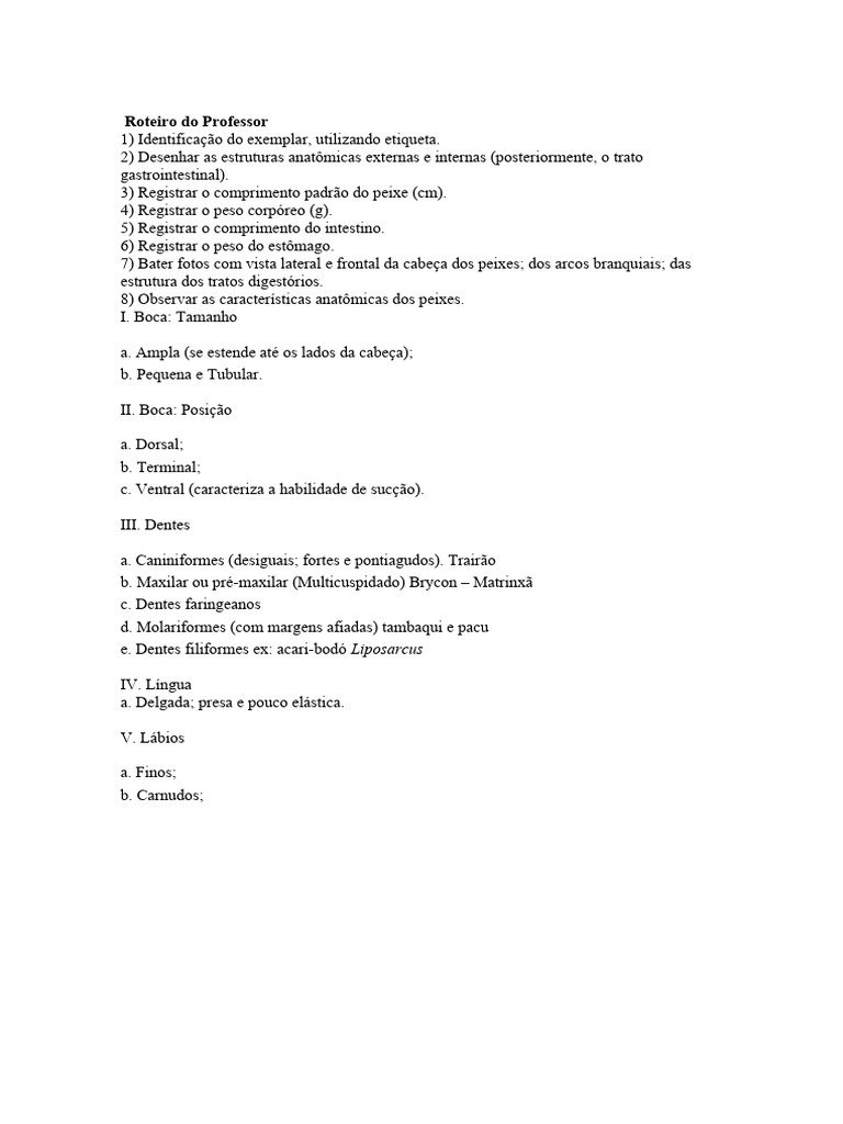 Roteiro Do Professor Aula Prática 1 | PDF | Anatomia | Peixes