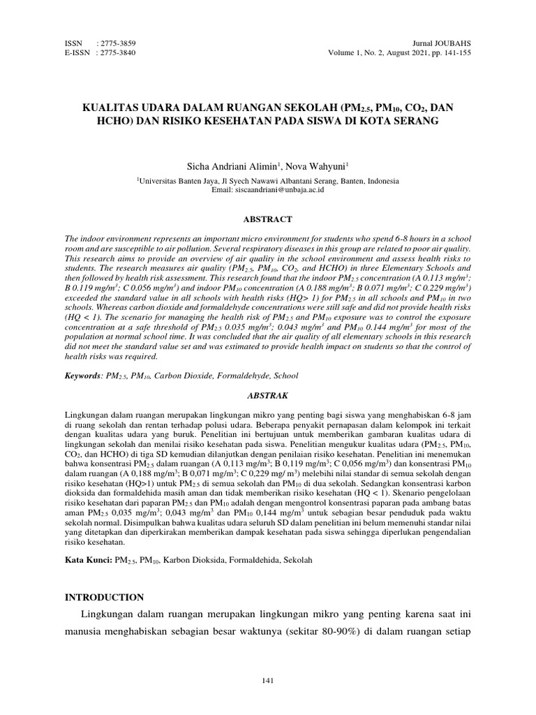 Kualitas Udara Dalam Ruangan Sekolah (PM2.5, PM10, Co2, Dan Hcho) Dan ...