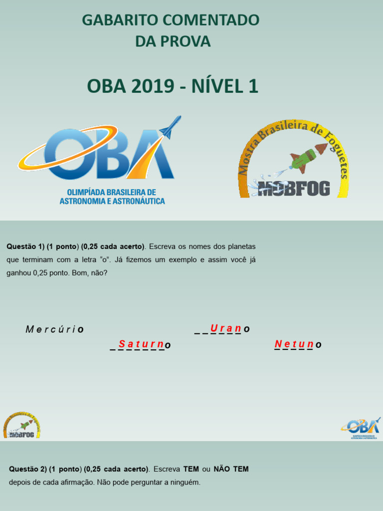 Prova Nivel 1 Da Xxii Oba de 2019 - Gabarito Power Point | PDF | Apollo 11 | Planetas