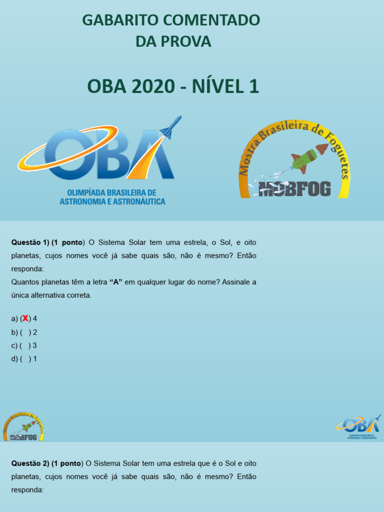 Prova Nível 1 - OBA 2020 | PDF | Planetas | Marte