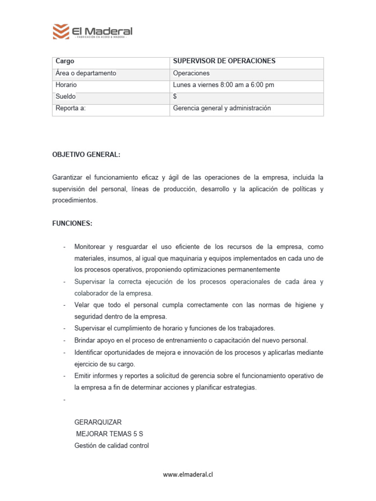 Descripcion de Cargo - Supervisor de Operaciones | PDF | Business | Calidad (comercial)