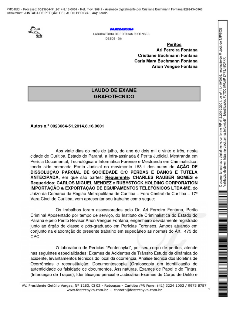 Laudo Pericial: Exame Grafotécnico | PDF | Testemunha especializada ...