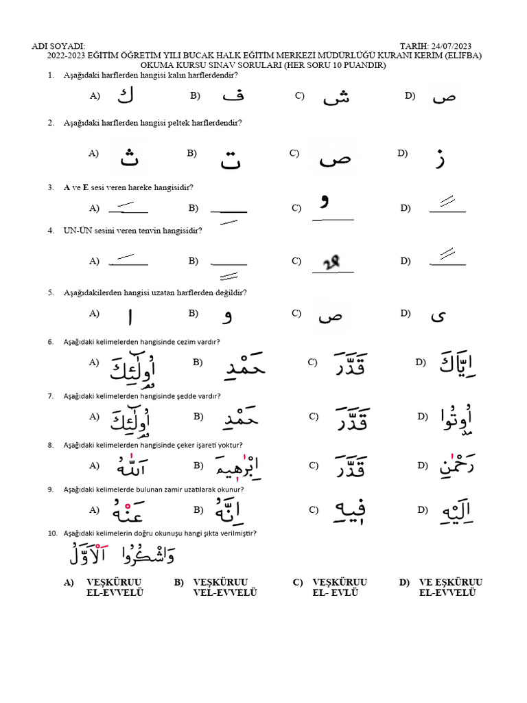 HALK EĞİTİM Kuran-I Kerim Tecvidli Okuma KURSU SINAV SORULARI YAZ DÖNEMİ | PDF
