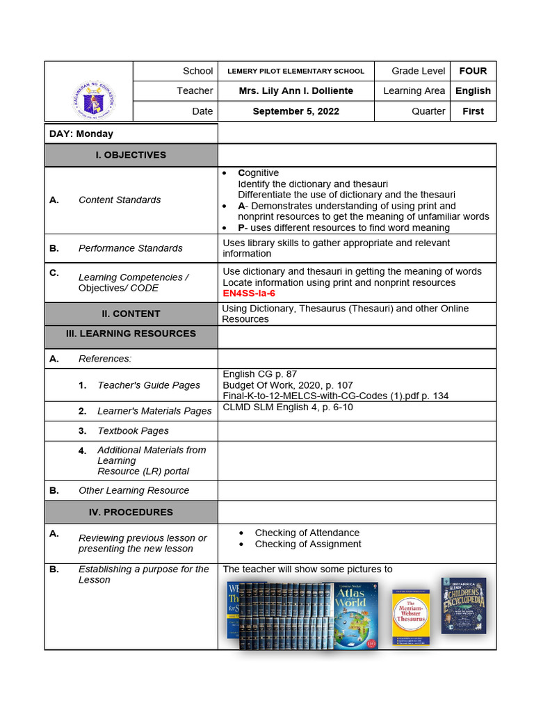 Grade 4 English Lesson Plan | PDF | Dictionary | Learning