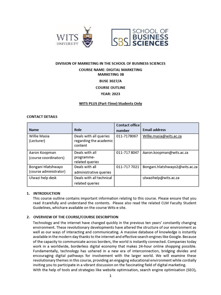Digital+Marketing BUSE+3027+Wits+Plus Course+Outline+2023 | PDF ...