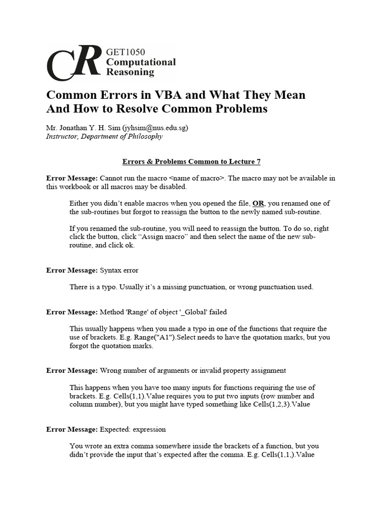 Common Error Messages in VBA and What They Mean | PDF | Microsoft Excel ... Common Error Messages in VBA and What They Mean | PDF | Microsoft Excel ...