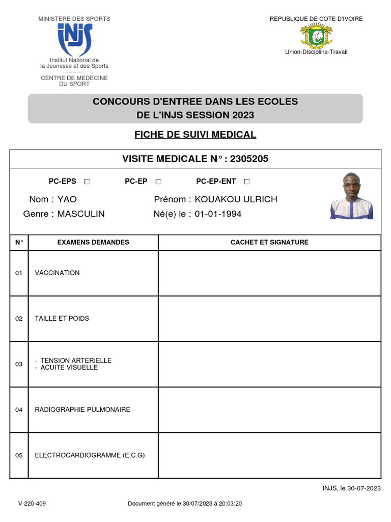 Fiche de Suivi Médical INJS 2023 | PDF | Soins de santé | Examen médical