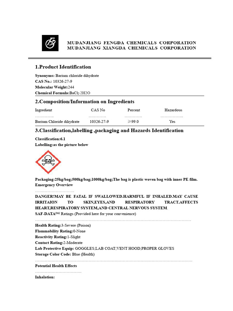 Barium Chloride Dihydrate Safety Data | PDF | Waste | Personal ...