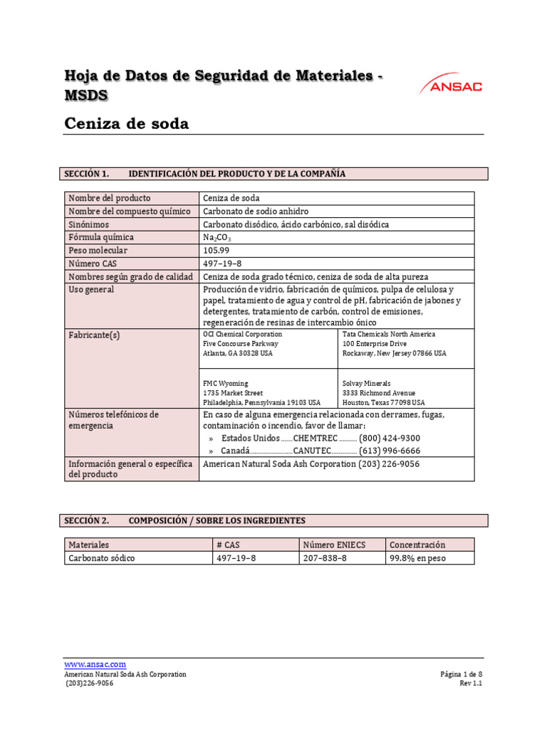 MSDS - Carbonato de Sodio - ANSAC | PDF | Administración de Seguridad y ...