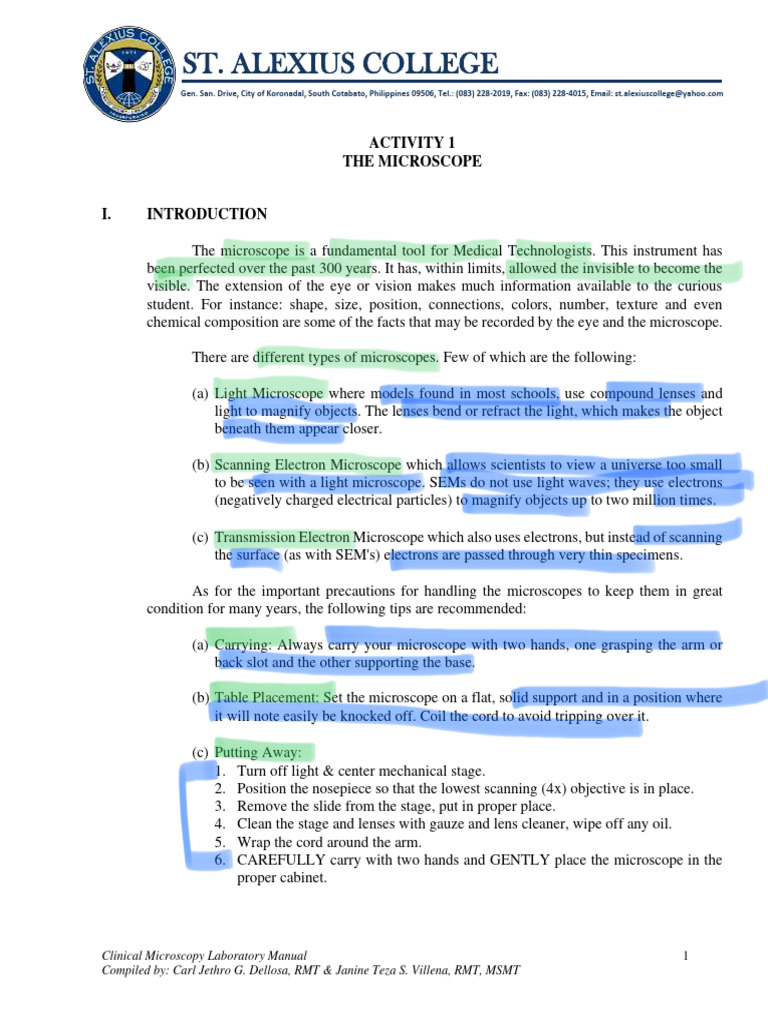 Activity 1 The Microscope | PDF | Microscope | Scanning Electron Microscope