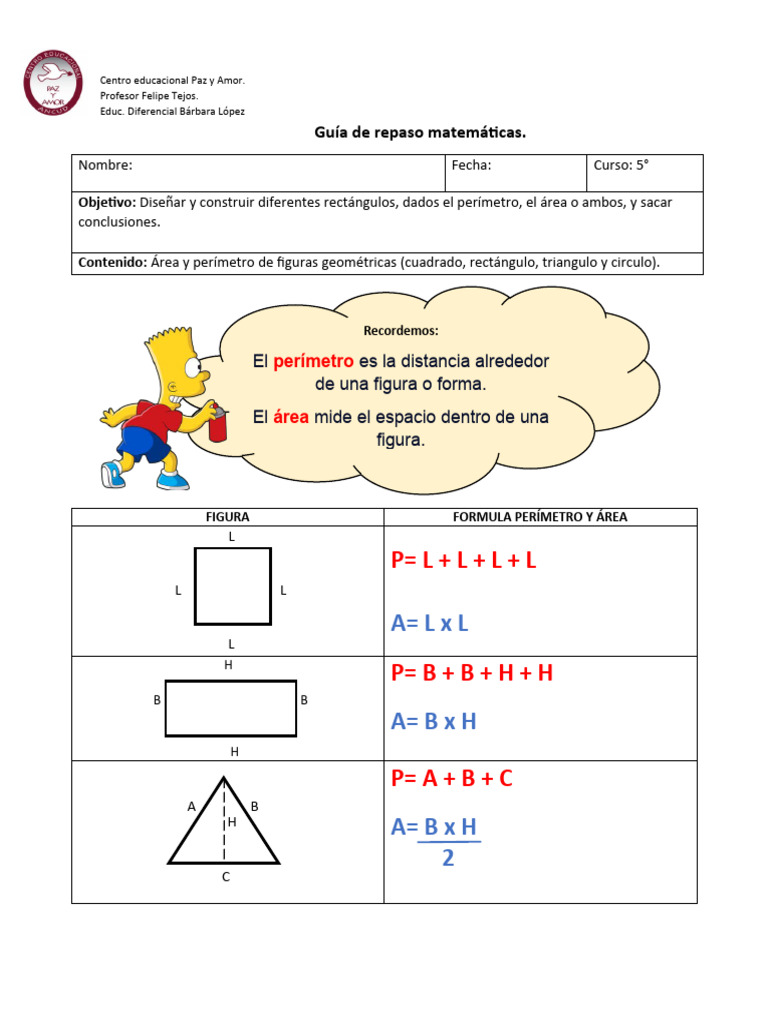 Guía Repaso Área y Perímetro. | PDF | Matemática Elemental | Objetos ...