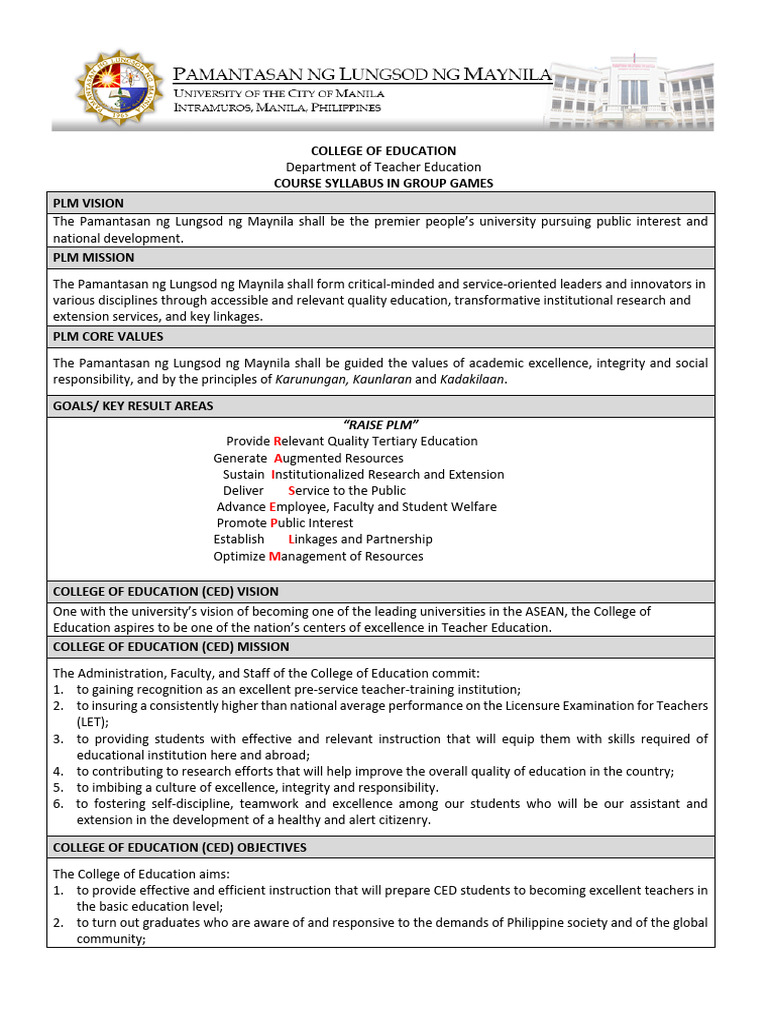 Edited - GROUP GAMES - COURSE SYLLABUS 1st Sem AY2023 2024 | PDF ...