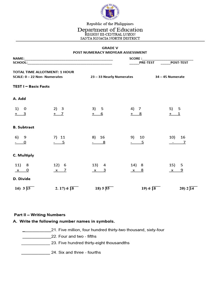 Grade 5 NUMERACY MIDYEAR ASSESSMENT Post | PDF | Mathematics