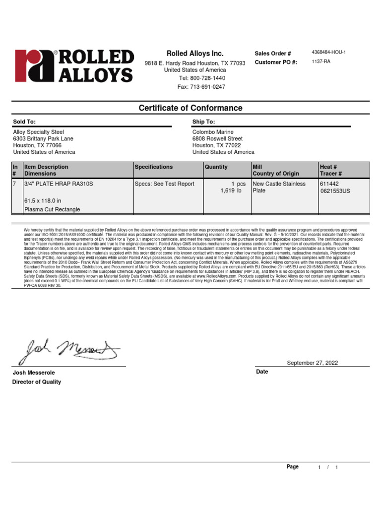 HRAP Plate Certificate of Conformance | PDF | Chemistry | Materials