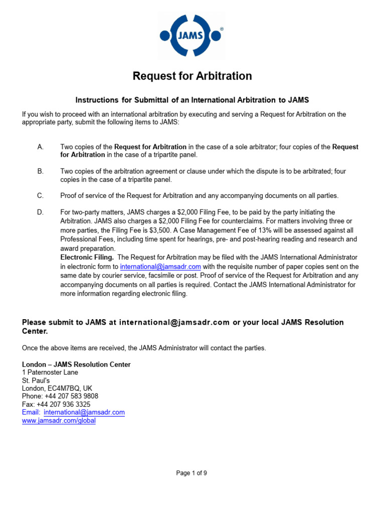 Jams International Request For Arbitration Form | PDF | Arbitration | Fax