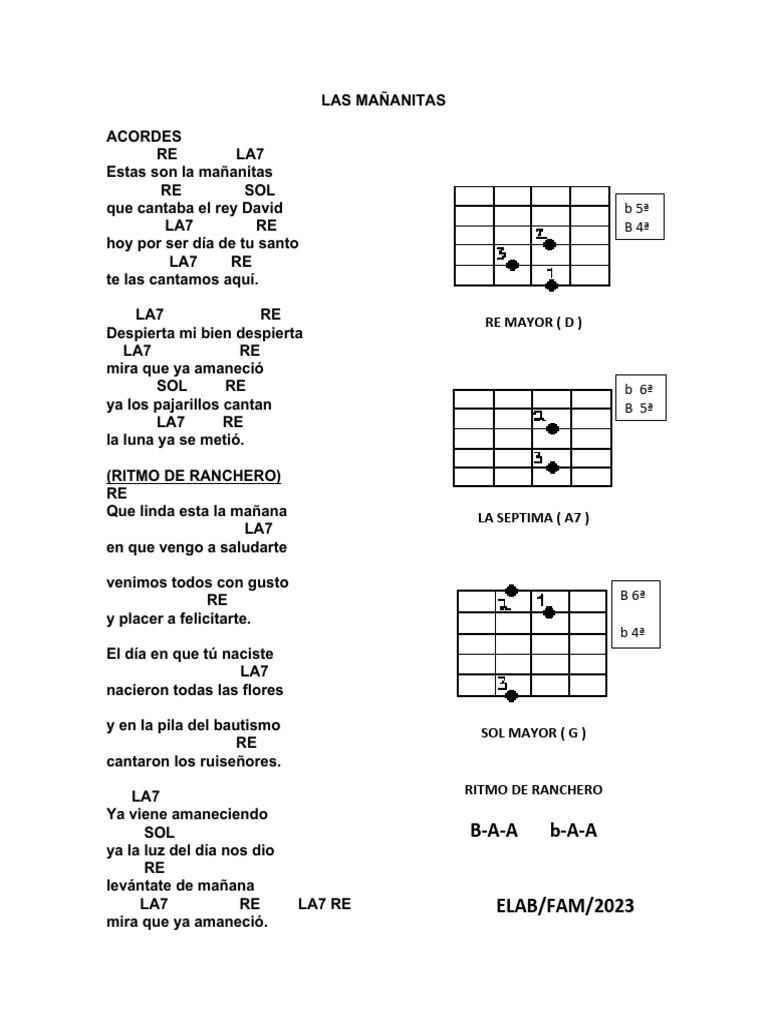 Acordes de Las Mañanitas para Guitarra | PDF | Canciones infantiles tradicionales | Música española