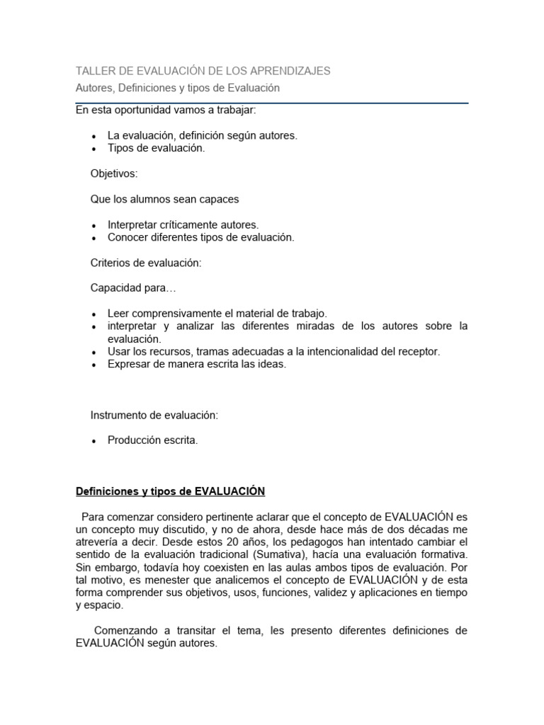 TALLER DE EVALUACIÓN DE LOS APRENDIZAJES | PDF | Evaluación | Cognición