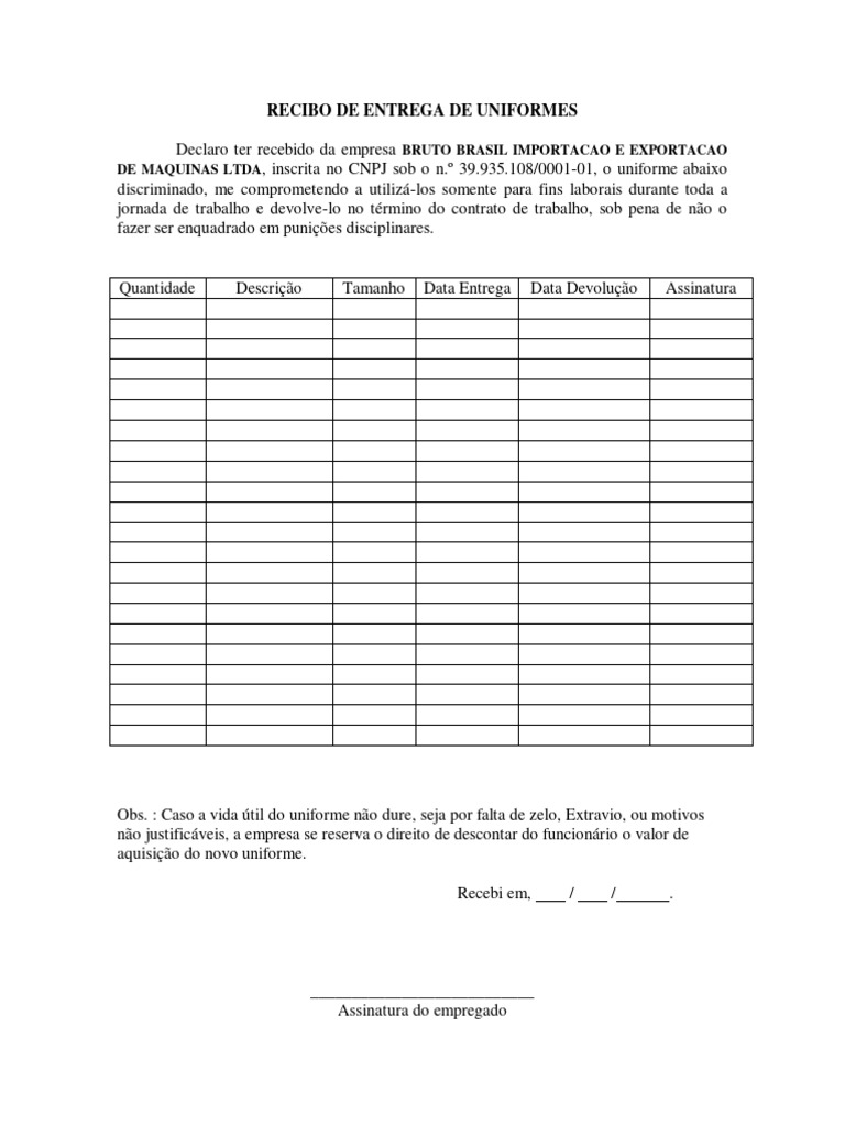 Modelo Recibo Entrega Uniformes | PDF