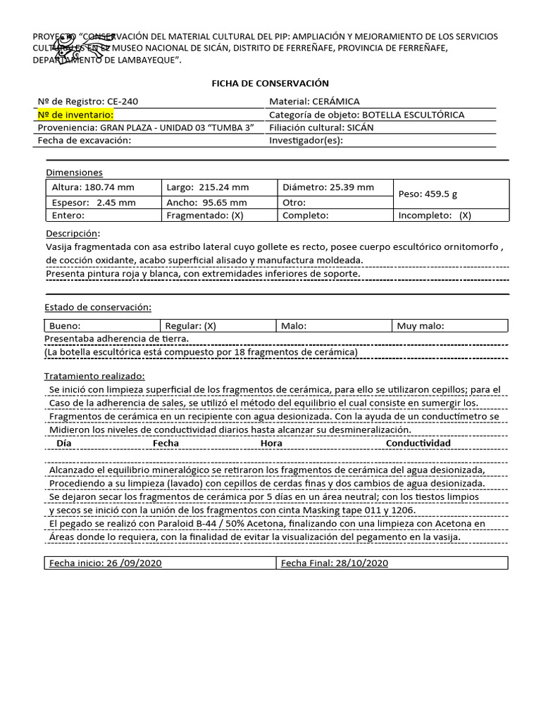 Ficha de Conservación 240 - 255 | PDF | Cerámica | Pinturas