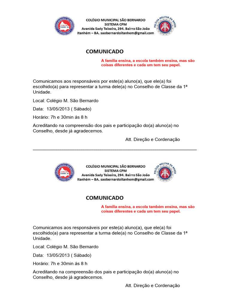 COMUNICADO Aos Pais | PDF | Escolas