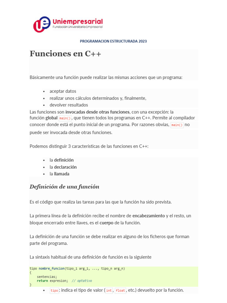 Funciones en Programacion Estructurada | PDF | C ++ | Lenguaje de ...