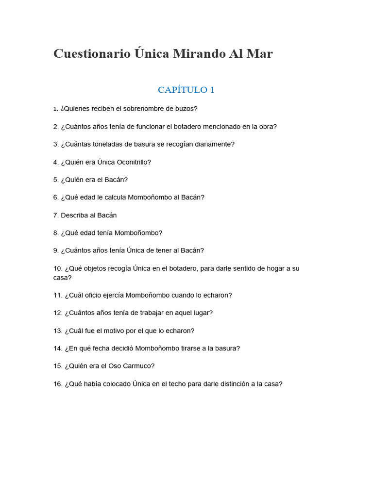 Cuestionario Única Mirando Al Mar | PDF