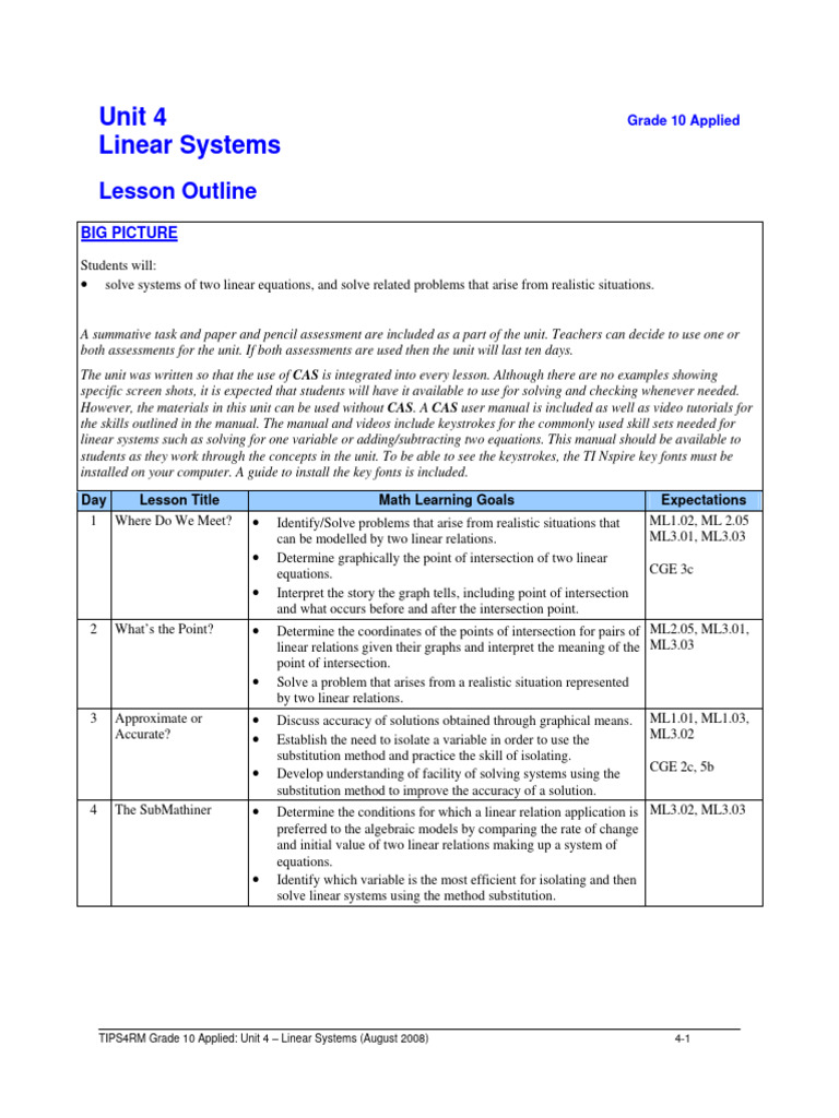 Grade 10 Linear Systems Overview | PDF | System Of Linear Equations ...