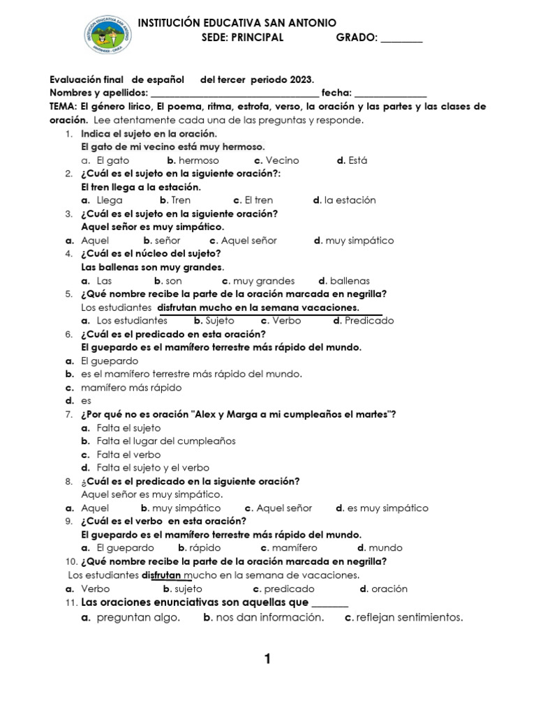 Examen Final Del Tercer Perido de Español Grado Quinto 2023 | PDF ...