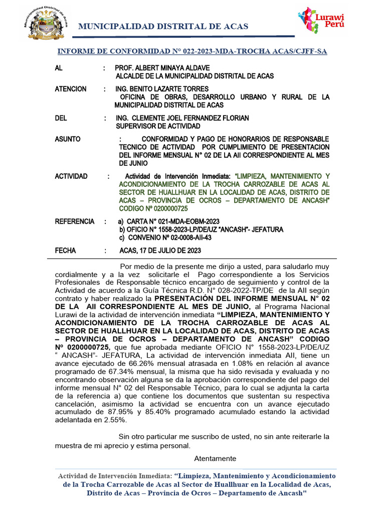 Informe 23-Conformidad de RT Julio | PDF