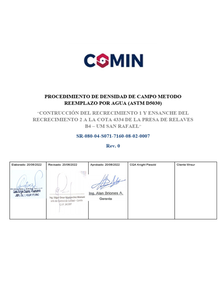 Procedimiento de Densidad de Campo Metodo Reemplazo Por Agua (Astm ...