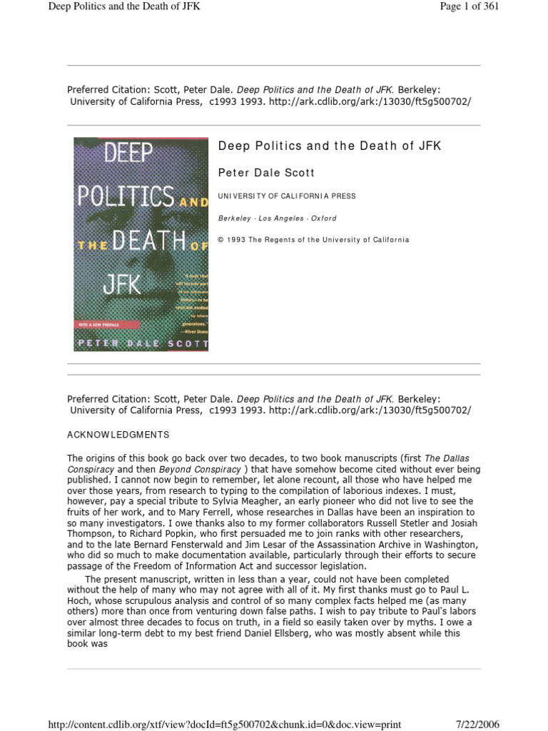 Peter Dale Scott - Deep Politics and The Death of JFK (1996, University ...