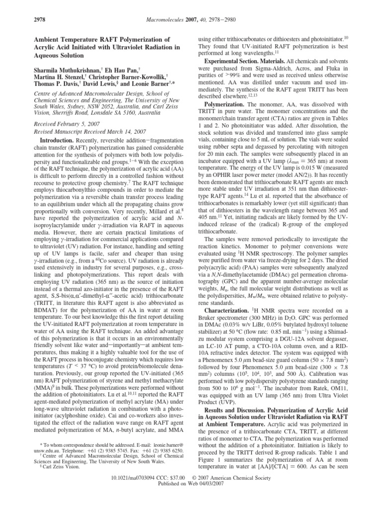 Ambient Temperature RAFT Polymerization | PDF | Ultraviolet ...