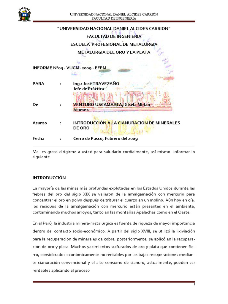 Informe 3 Treyes | PDF | Cianuro | Oro