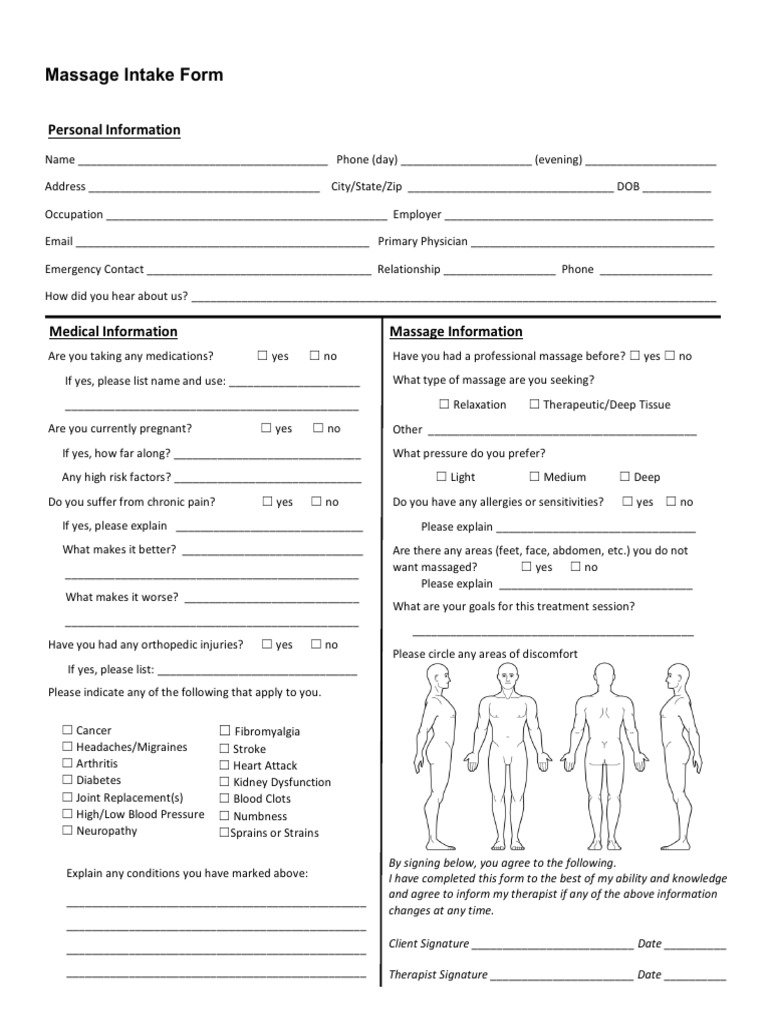 Massage Client Intake Form Template | PDF | Massage | Clinical Medicine
