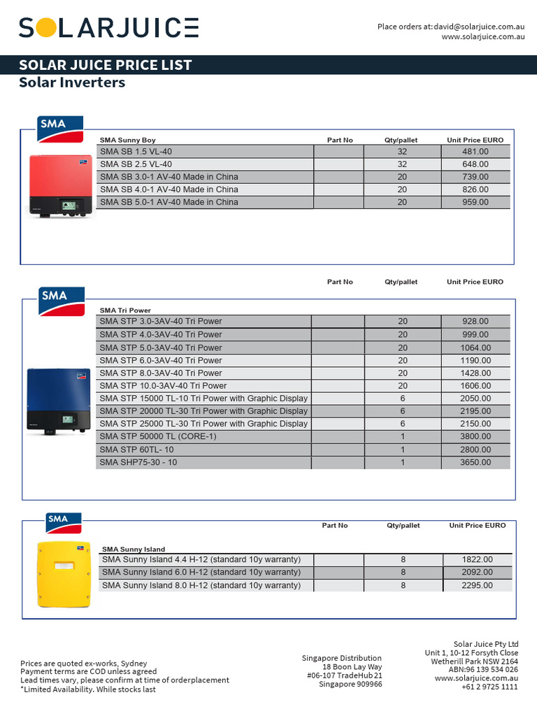 SMA Price List | Download Free PDF | Electric Power | Energy Technology