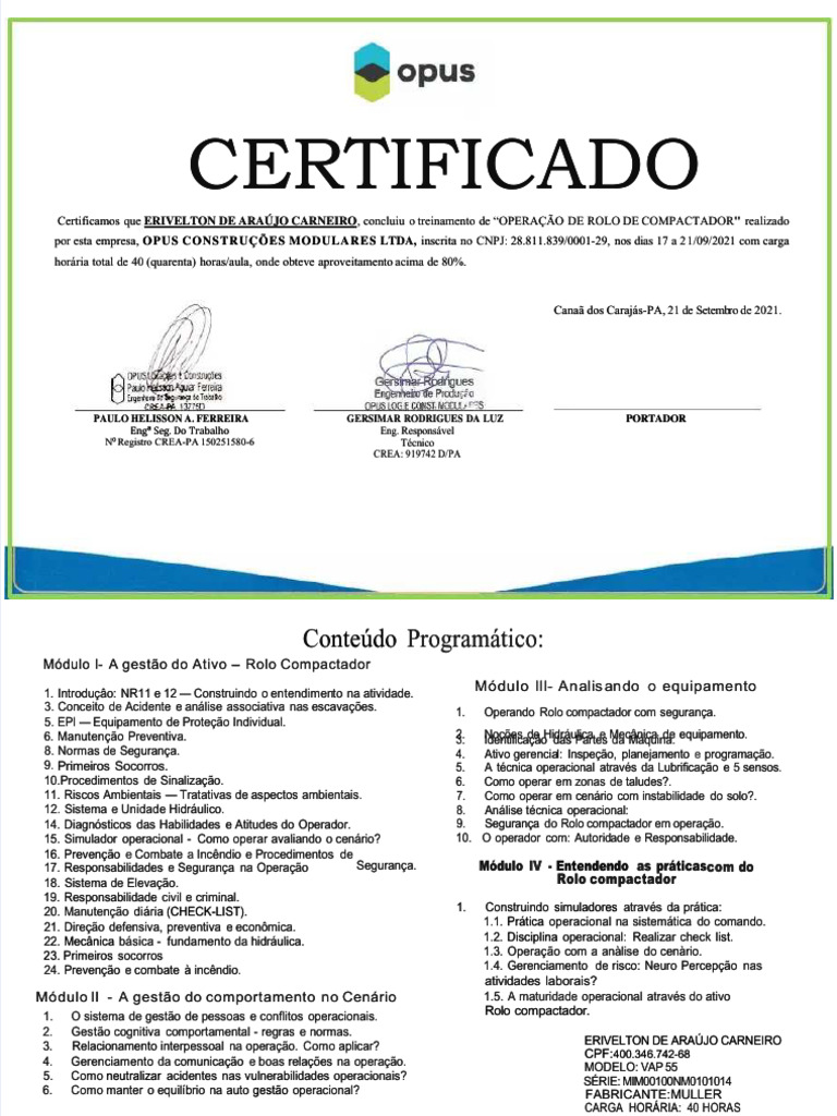 Wiac - Info PDF Certificado Rolo Compactador PR | PDF