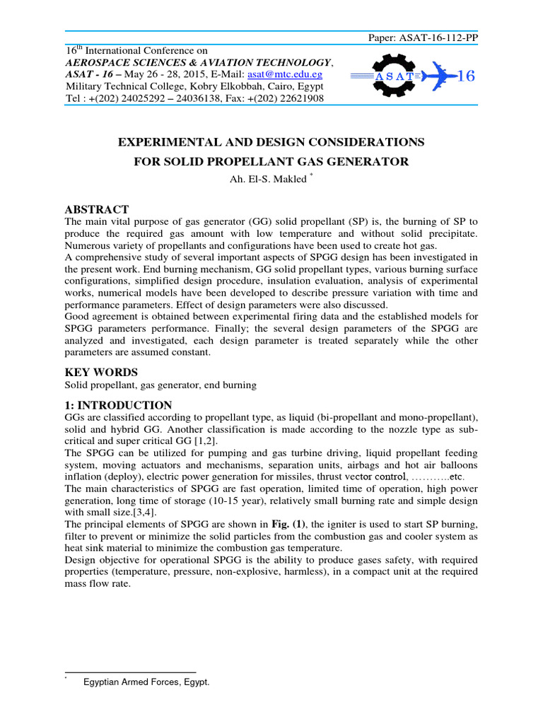 Solid Propellant Gas Generator Design | PDF | Rocket Propellant ...