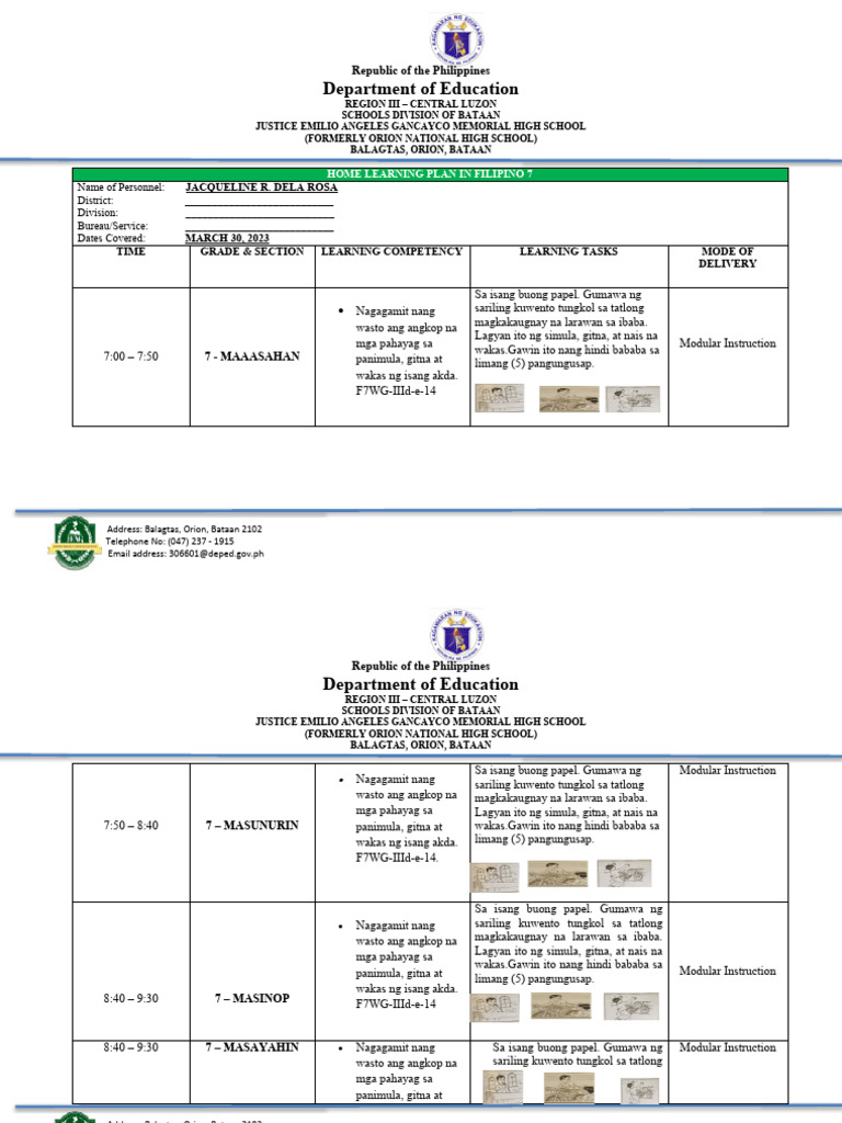 Home Learning Plan Filipino 7 | PDF
