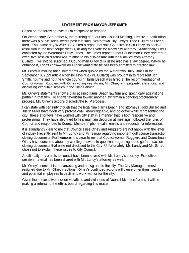 Executive Session Statement From Mayor Jeff Smith Sept. 11,-2023 | PDF ...