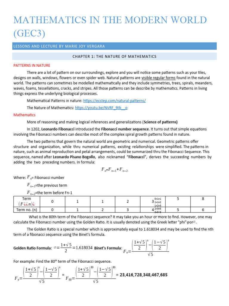 Mathematics in The Modern World GEC3 | PDF | Set (Mathematics) | Pattern