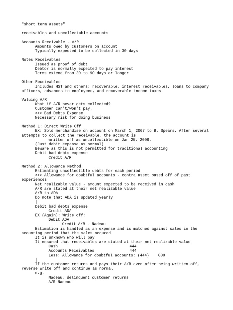 Short Term Assets | Download Free PDF | Bad Debt | Debits And Credits